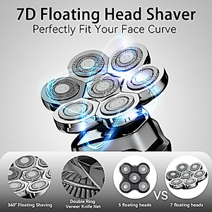 7D Electric Head Shaver for Bald Men, 5 in 1 Electric Rotary Razor Wet and Dry, Grooming Cordless Electric Shavers USB Rechargeable Waterproof, 7D Floating Balding Trimmer with LED Display (Black)