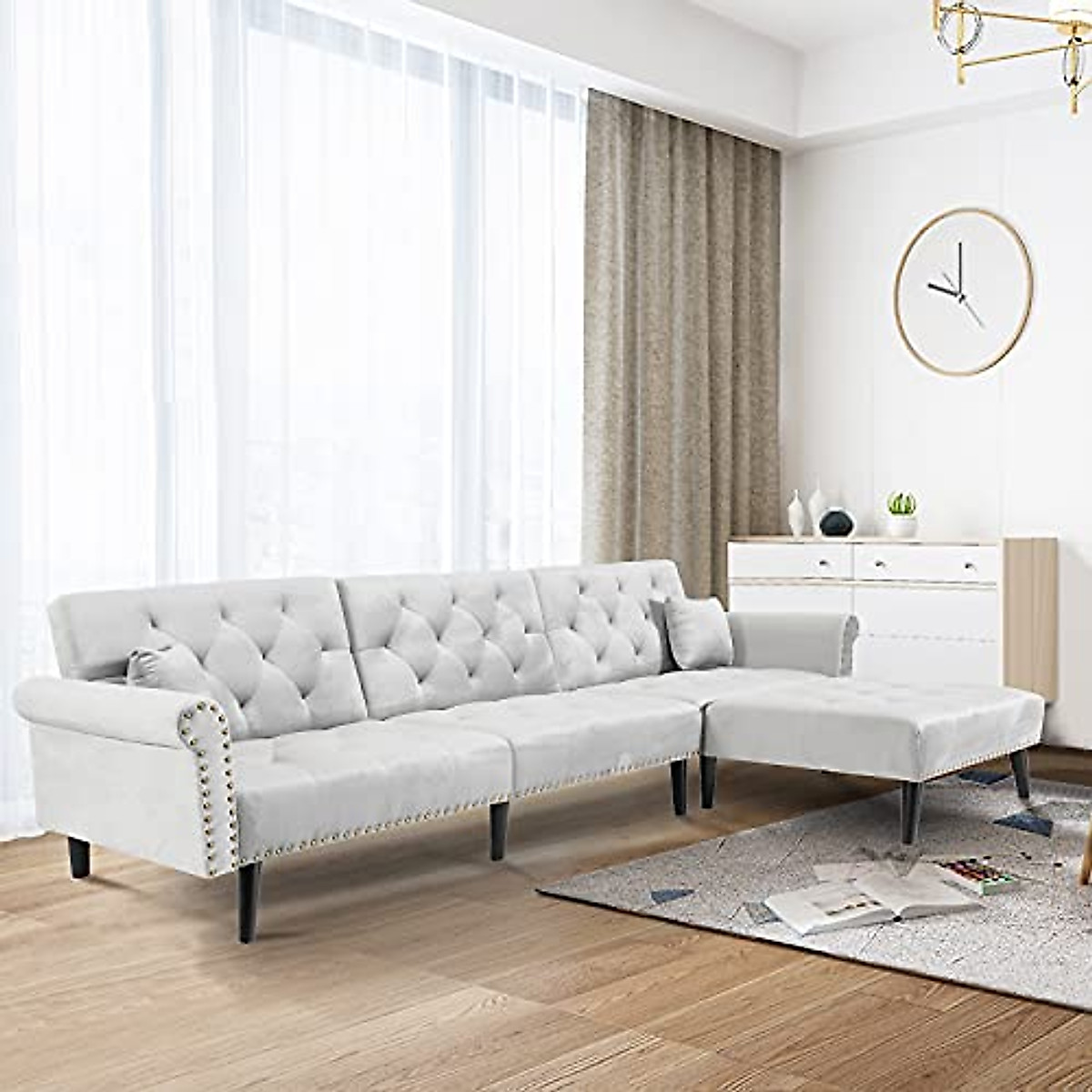 NOSGA Sofa Bed, Velvet Sectional Couch Convertible 115 L-Shape Sofa Bed Sleeper Reversible Chaise with 2 Pillows Adjustable Back for Living Room and Small Space (Gray)