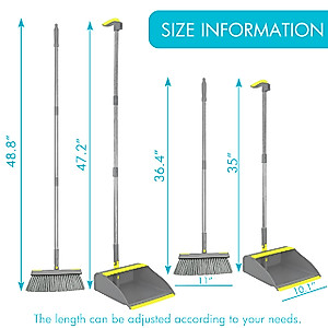 PHYEX 2-Pack Broom and Dustpan Combo Set, 48" Long Adjustable Handle Stand Up Dustpan with Self-Cleaning Teeth, Ideal for Home, Office, Kitchen, Indoor & Outdoor Use, Grey