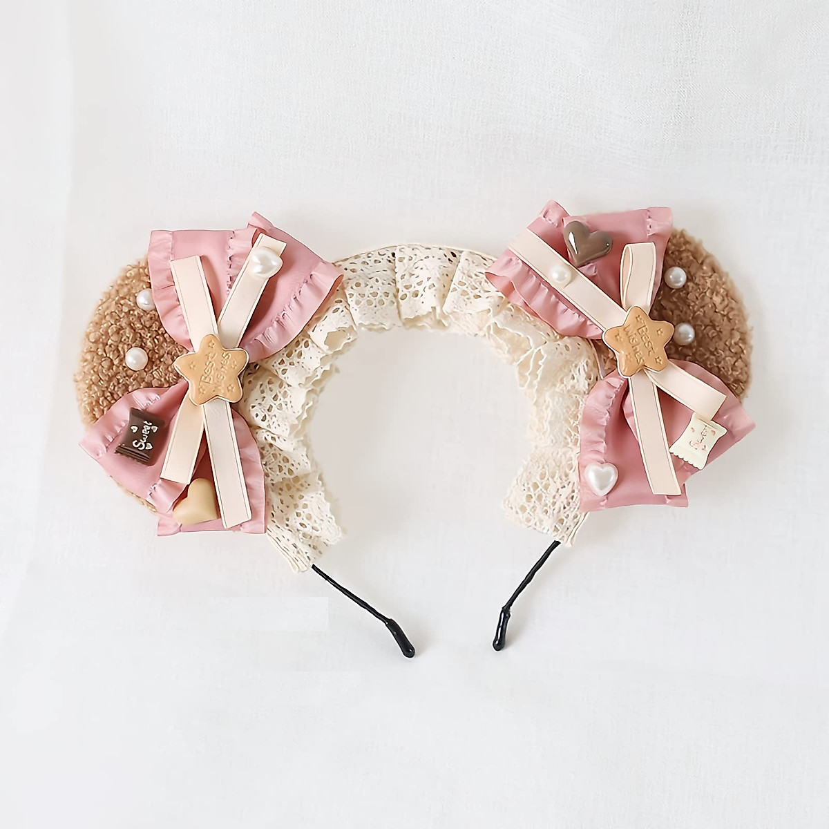 GK-O Lolita Bear Ear Headband Bowknot Hair Kawaii Lolita Prop Headwear Cute Hairpin Female Headdress Hair Accessories Handmade (Pink)