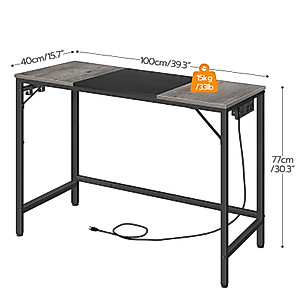 HOOBRO Computer Desk, Home Office Desk with Power Outlet, Modern Study Writing Desk with 3 Hooks for Study Room, Home Office, Sturdy and Stable, Easy to Assemble, Charcoal Gray and Black BC41UDN01