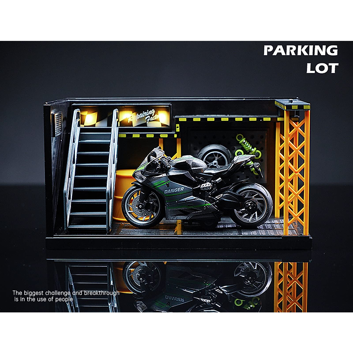Gilumza Display Case DIY Simulation Scenario Die-cast Model with LED Light, Garage Scene Model for Motorcycle Toy Car Toys Collectibles Assemble (9x4x5inch)