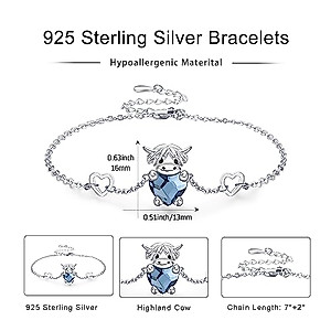 JUSTKIDSTOY Highland Cow Bracelet 925 Sterling Silver Cute Cow Charm Adjustable Chain Bracelet with Crystal Highland Cow Jewelry Birthday Gifts for Women Girls