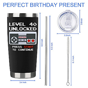 40th Birthday Gifts Men Birthday Gifts For Him 20oz Level 40 Unlocked Wine Tumbler Gifts For Video Game Lovers Husband Boyfriend Teen Boys Bday Xmas Party Presents Black Travel Cup With Straw