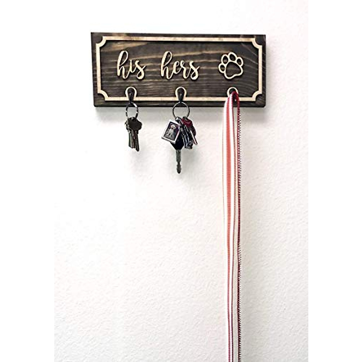 Handmade Wood Leash and Key Holder - Custom Personalized His and Hers, Pawprint