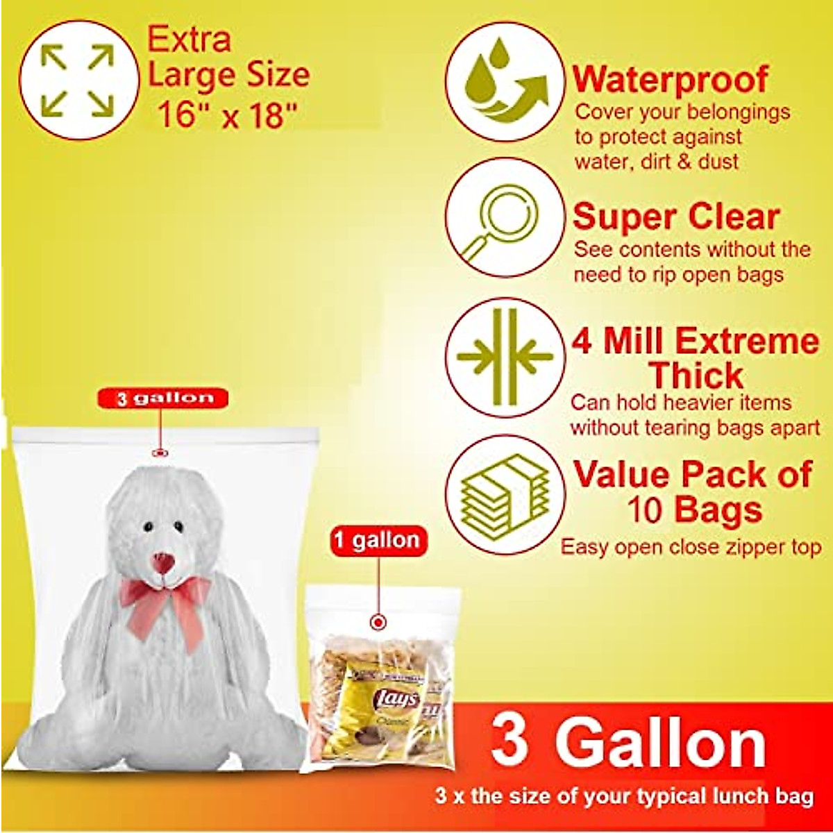 [ 10 COUNT ] - 4 MILL - Extra Large 3 Gallon Size Reclosable Food Storage Bags - Extreme Thick - Heavy Duty Plastic - Zipper Top - Measures 16" x 18" - For Freezer, Meat, Clothing, Organization, Moving, Covering