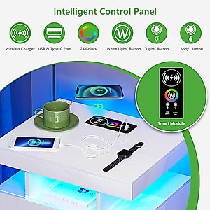 HNEBC LED Nightstand, RGB White Night Stand with USB/Wireless Charging Station, Modern Bedside Table has Auto Sensor RGB Lights, End Side Table with 2 Drawer for Bedroom Furniture, White