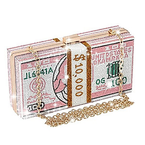 WJCD Money Clutch Rhinestone Purse Stack of Cash Unique Evening Clutch Handbag Shoulder Bag Crossbody Bag Rhinestone Handbag (Pink)