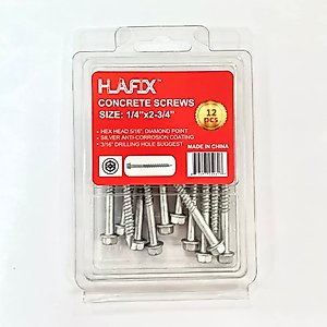 HLAFIX Fastener SS410 1000hrs Anti-Rust Silver Ruspert Coating Concrete Screw 1/4”x2-3/4”, Hex Washer Head, Diamond Point, 12pcs in Blister Package