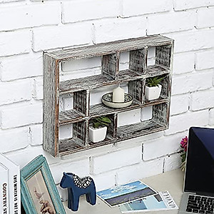 MyGift Rustic Shadow Box, 9-Compartment Torched Wooden Freestanding & Wall Mountable Knickknack Display Shelf, Curio Shelves