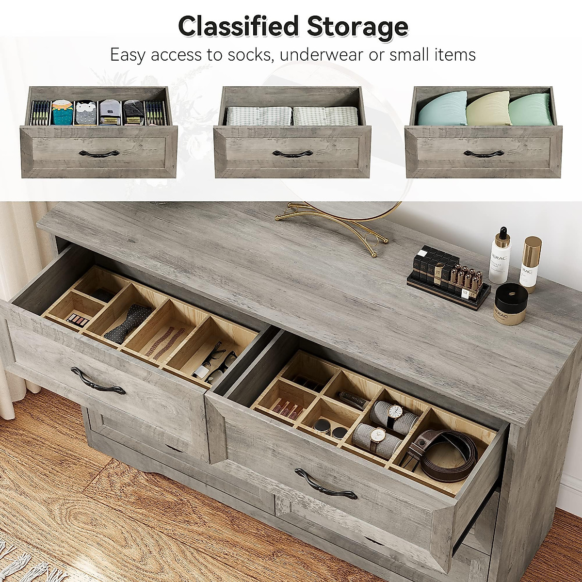 IDEALHOUSE Modern 6 Drawers Dresser, Chest of Drawers Closet Organizers and Storage Clothes, Modern Dressers for Closet Living Room, Kids Bedroom (6 Drawers Dresser, Grey)