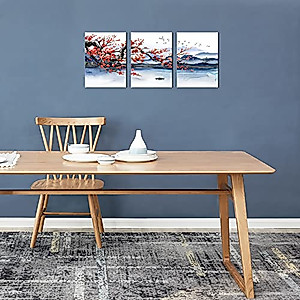 Canvas Art Wall Decor for Bedroom 3 Pieces Framed Wall Art Modern Wall Decor for Bathroom Mountain Lake Plum Blossom Theme Art Prints Modern Wall Art Artwork for Kitchen Home Walls 12x16 Each Panel