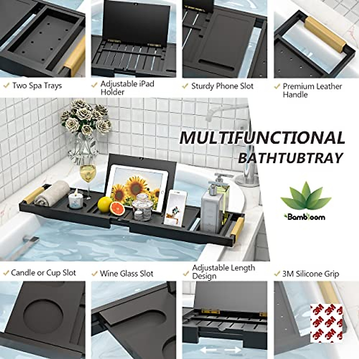 Bathtub Tray Bath Caddy Tray for Tub - Expandable Board and Book Stand Premium Leather Grip and Non-Slip Pat for Luxury Bath Bamboo Bathtub Table Tray for Home Spa and Gift Choice (Black)