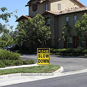 Kichwit Double Sided Aluminum Please Slow Down Sign Reflective Metal Sign with Stakes, Sign Measures 11.8" x 15.8", 14" Long Metal Stakes Included