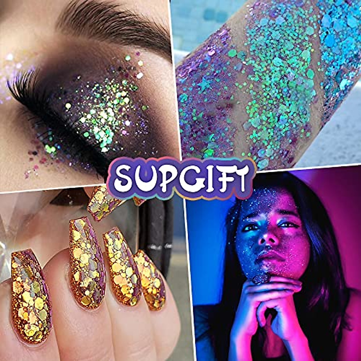 Nail Glitter SUPGIFT 15 Colors 130g Holographic Chunky Cosmetic Chameleon Sequins for Makeup Hair Body Art Slime Craft Resin with Brush 5 Spoons