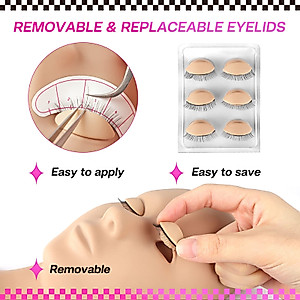 Lash Mannequin Head, CALAILIS Mannequin Head, Eyelash Extension Mannequin Head, Doll Head for Lash Extensions, Eyelash Mannequin Head with 4 Pairs Removable Eyelids (Skin Colour)