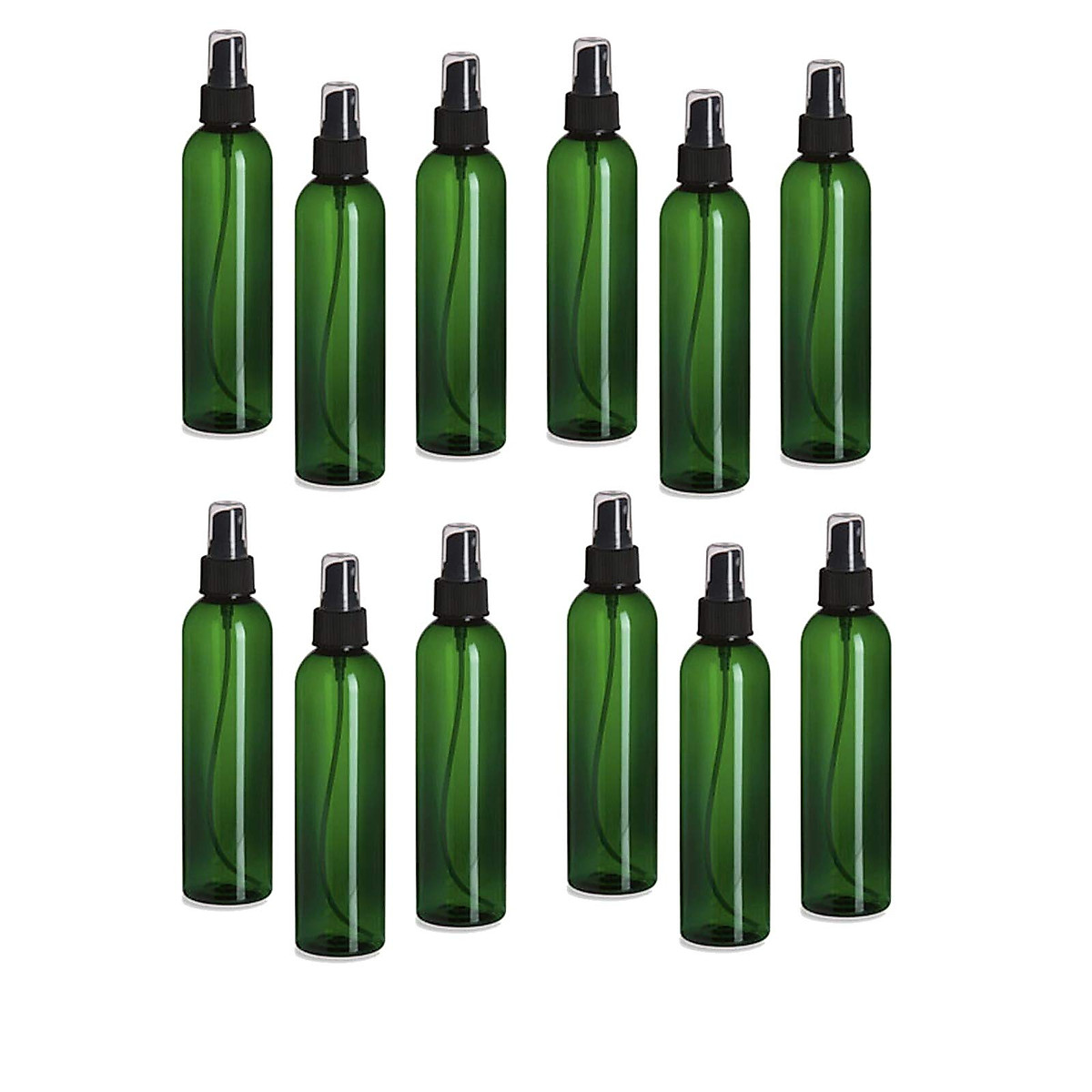 Natural Farms 12 Pack – 8 oz -Green Cosmo Plastic Bottles – Fine Mist Atomizer - for Essential Oils, Perfumes, Cleaning Products