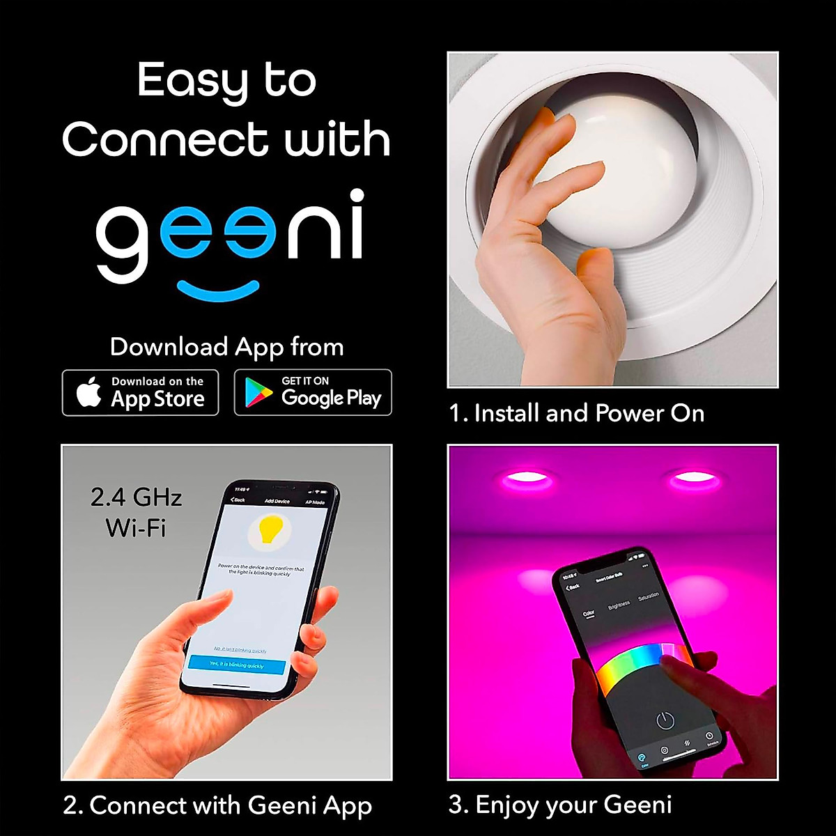 Geeni Prisma Plus BR30 LED Smart Light Bulb, Tunable Hue and Dimmable RGB WiFi Bulb, No Hub Required, Compatible with Alexa and Google Assistant (4 Pack)