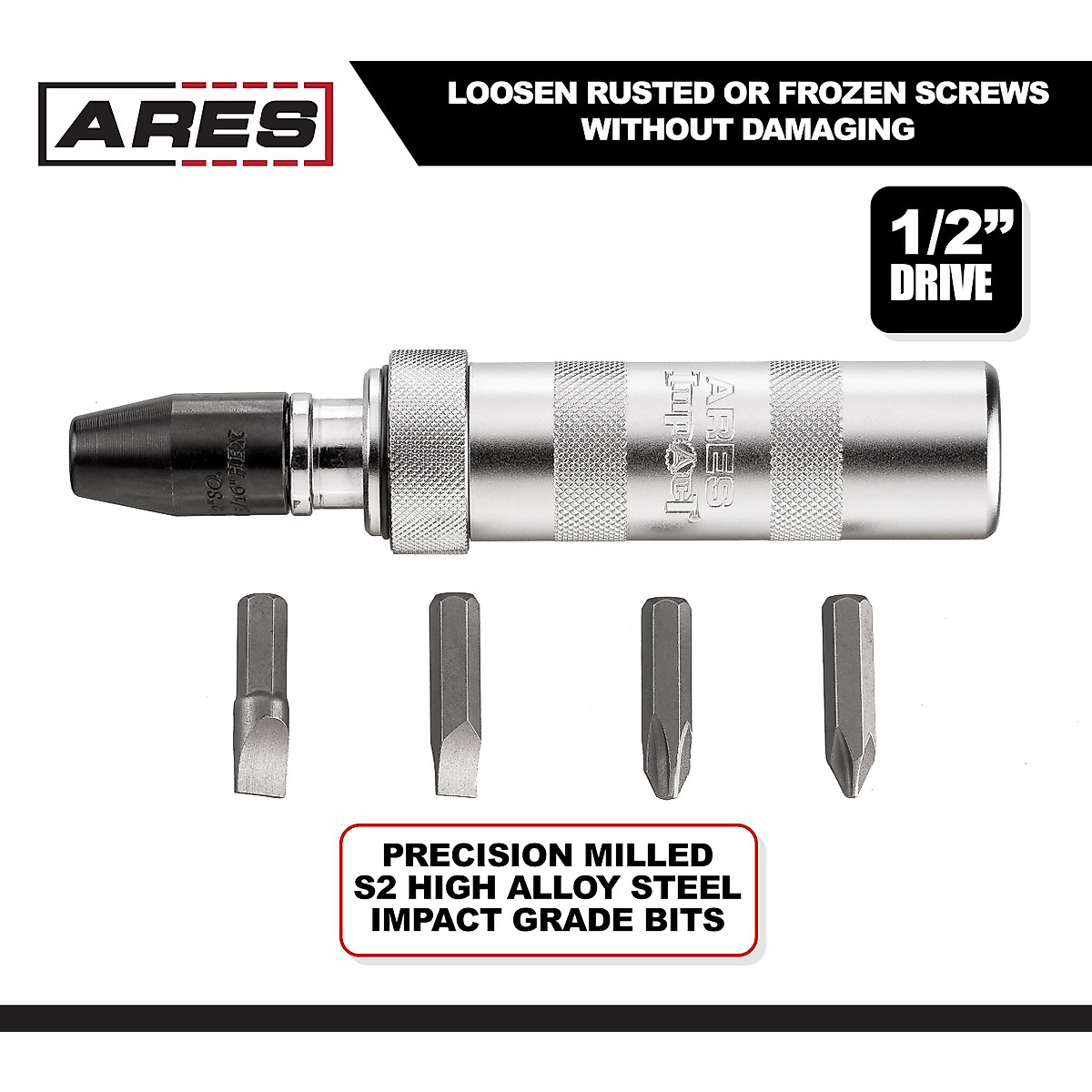 ARES 70606-1/2-Inch Manual Reversible Impact Driver - Flathead 5/16 & 3/8 and Phillips #2 & #3 Bits for Most Common Applications - Disengage Brake Caliper Screws, Rusted Fasteners or Frozen Bolts