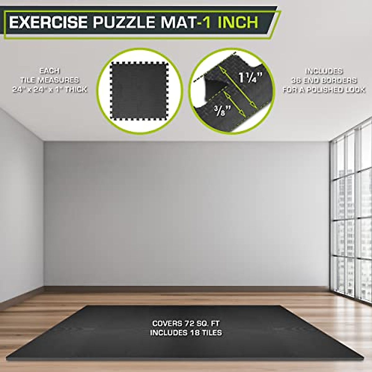 ProsourceFit Extra Thick Puzzle Exercise Mat 1", EVA Foam Interlocking Tiles for Protective, Cushioned Workout Flooring for Home and Gym Equipment, Black 3-Pack (18 tiles)