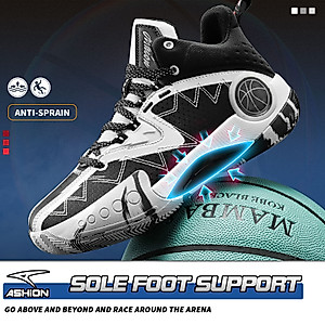 ASHION Boys Shoes Youth Air Cushion Sneakers Kids Basketball Running Sport Shoes Girls Mid Top School Training (Little Kid/Big Kid), Black White 5