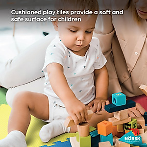 NÖRSK Kid's Floor Play Mat, Reversible Interlocking Foam Puzzle Tiles and Borders, 4-Pack, 16 Square Feet, Multi-Color