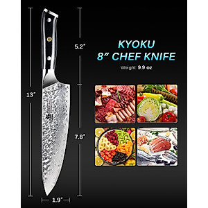 KYOKU Gin Series Chef Knife, 8" All Purpose Kitchen Knife, Japanese VG10 Damascus Stainless Steel Knife with Silver Ion Blade G10 Handle Mosaic Pin, Professional Knife for Meat Fruit Vegetables