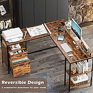 SUPERJARE Reversible Computer Desk with Power Outlets & File Cabinet, L Shaped Desk with Monitor Stand & Storage Shelves, Corner Desk Home Office Desk, Rustic Brown