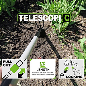 Evcitn Adjustable Hoe and Cultivator Hand Tiller with 40.7IN Long Handle, Aluminium and Rubber Garden Tool for Breaking Stone,Weeding Weeds,Digging Roots,Loosening Soil