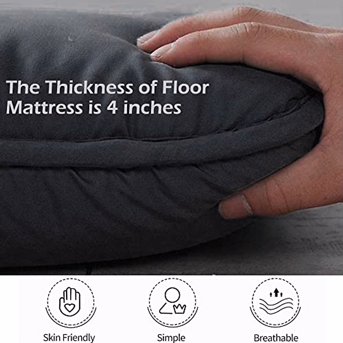 Big Hippo Japanese Floor Mattress, Bonus 2 Pack Washable Mattress Protector, Japanese Futon Mattress Foldable Mattress, Roll Up Mattress Tatami Mat, Portable for Camping, Black, Full Size