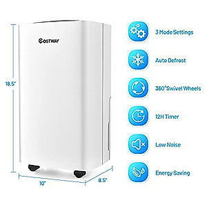 COSTWAY Dehumidifier for Large Room and Basements, 1500 Sq. Ft Portable 24 Pints Dehumidifier with 3 Modes, 2 Speeds, 12H Timer, Auto or Manual Drainage, 0.5 Gallon Water Tank, 4 Wheels for Home and Basements