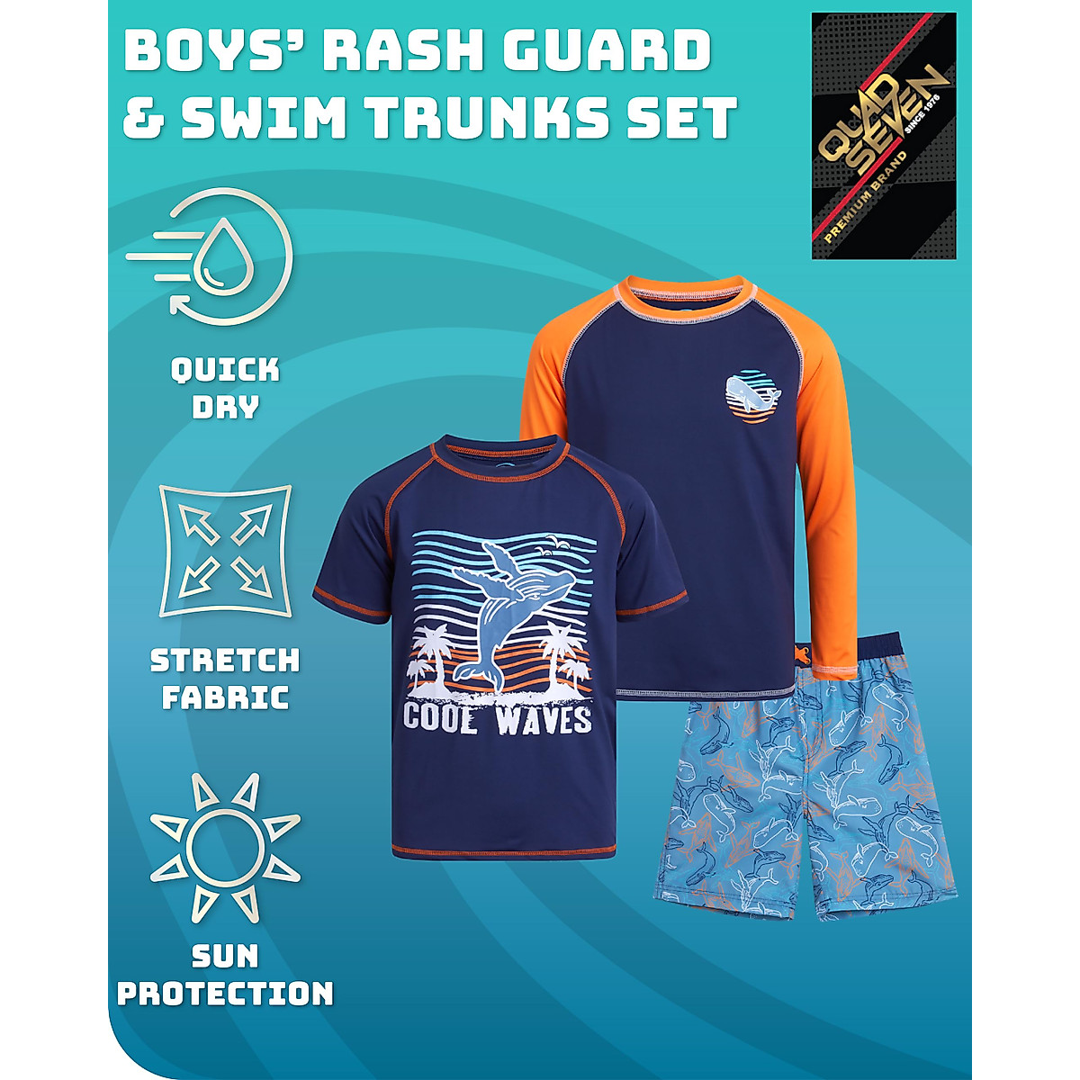 Quad Seven Little Boys' Rash Guard Swim Set - 3 Piece Bathing Suit Trunks and Rash Guard Shirt (2T-7), Size 2 Toddler, GreenNavy Palm Trees