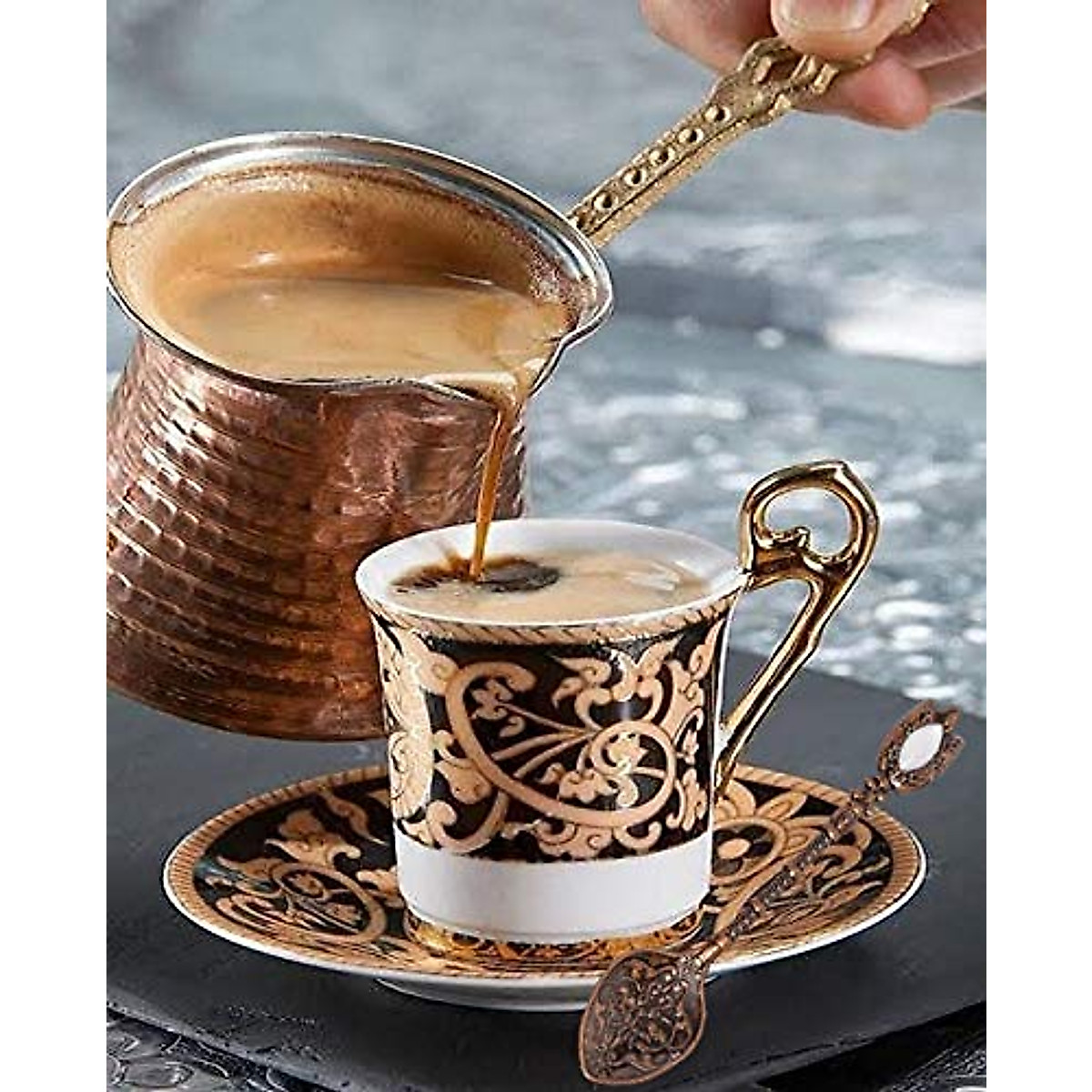 Turkish Coffee Pot and Copper Spoon Set - 9 Oz Thick 2mm Antique Copper Looking - Stove top Coffee Maker Cezve with Copper Handle & Copper Spoon - for 3 People