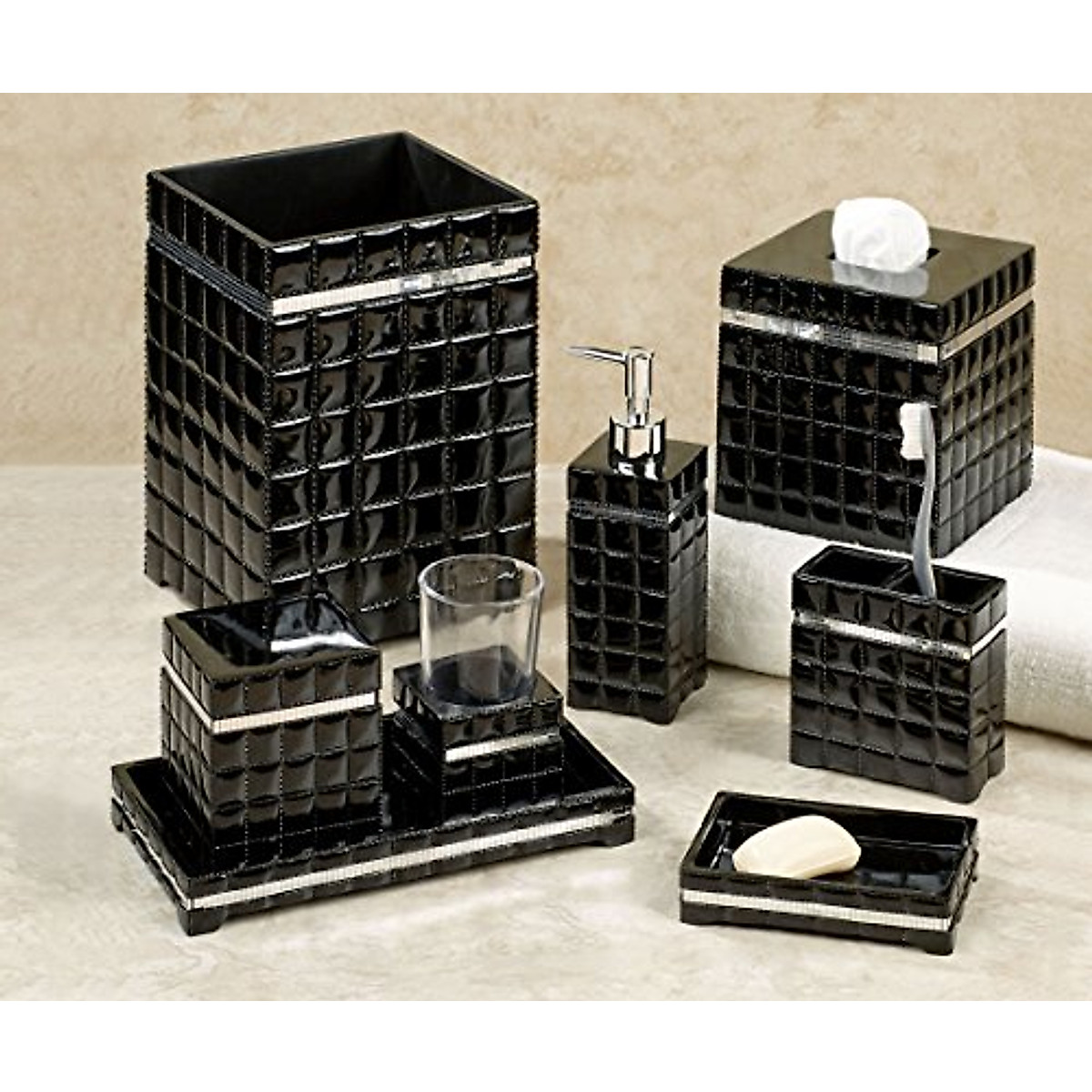 nu steel GB-8PC/SET Giraffe Black Bath Accessory Set for Vanity Countertops 8 Piece Includes Cotton Container, Dish,Toothbrush, Tumbler,soap Lotion,Waste Basket,Tissue Box Holder,Tray-Resin, 8