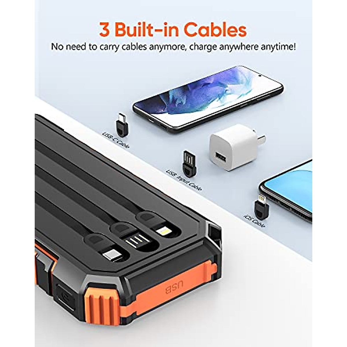 Riapow Solar Charger 30000mAh High Capacity Solar Power Bank with Built-in USB C & USB Input Cables, Fast Charge Portable Phone Charger with 5 Outputs & 2 Inputs for iPhone Samsung Tablet