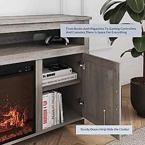 BELLEZE Barn Door Wood Electric Fireplace TV Stand for TVs up to 65 Inches Open Shelves and Cabinets Media Entertainment Center Console Table - Corin (Gray Wash)