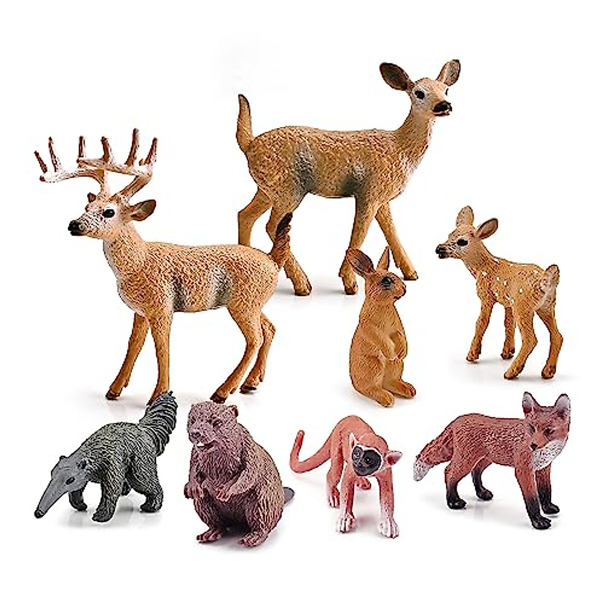 8PCS Deer Toys Forest Animals Figures Toys Woodland Animal Figurines Set Anteater Figurine Beaver Figure Squirrel Monkey Rabbit Fox Deer Model Christmas Party Deco Cake Topper