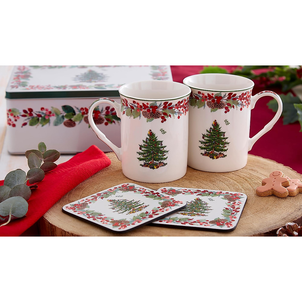 Spode Christmas Tree 2023 Annual 5 Piece Mug and Coaster Set with Tin Gift Box - Festive Holiday Gift Set for Coffee and Tea - Porcelain Mugs and Cork-Backed Coasters - Dishwasher Safe