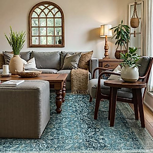 Nailttos Living Room Rug 8x10, Non Slip Distressed Retro Floral Blue Bedroom Rug, Low Pile Non-Shedding Living Room Carpet Large Rugs for Living Room Dining Room Farmhouse Office