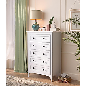HAIOOU 5 Drawer Dresser for Bedroom, Large Storage Chest of Drawers Vertical Wooden Dresser Organizer with Power Outlets, Hidden Drawer Compartment for Living Room, Entryway - Modern White