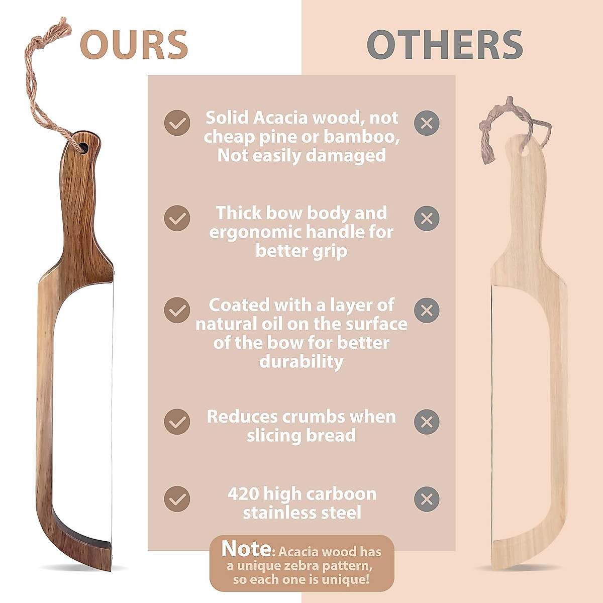 HOTTOR Bread Knife for Homemade Bread,Wooden Sourdough Bread Slicer with Bow Design,Premium Stainless Steel Serrated Saw Bread cutter for Bagels, Baguettes and More, brown