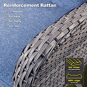 ovios 3 Pieces Patio Swivel Chairs with Side Table, Outdoor Wicker Rocking Chairs with Comfy Cushions, High Back Glider Rocker Chair Set for Porch Deck, Grey Rattan/Denim Blue