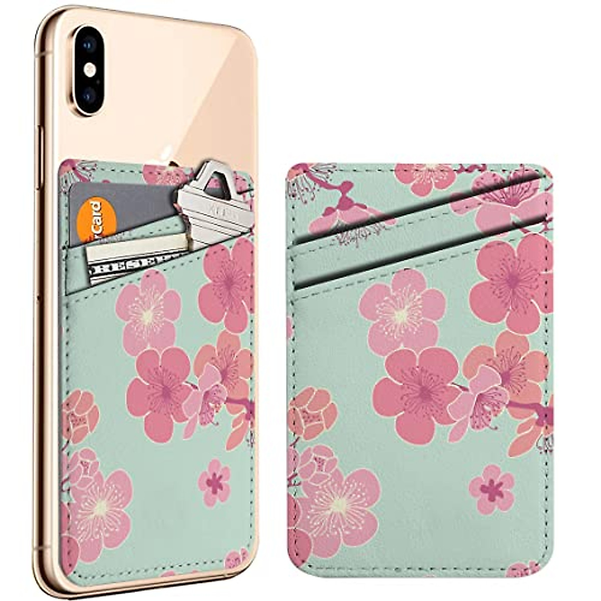Diascia Pack of 2 - Cellphone Stick on Leather Cardholder ( Cherry Blossom Fabric Pattern Pattern ) ID Credit Card Pouch Wallet Pocket Sleeve