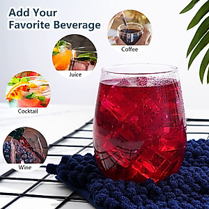 Waipfaru Wine Glasses, 15 oz Stemless Wine Glasses, Set of 4 Glasses for Red or White Wine, Durable Clear Drinking Glasses, Short Wine Tumblers for Gifts, Party, Home, Office, Bars