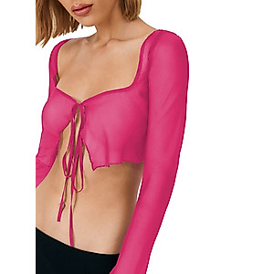 Remidoo Women's Sexy Sheer Mesh Tie Front Crop Top Long Sleeve See Through Cardigan Cover Up Shirt Hot Pink Large