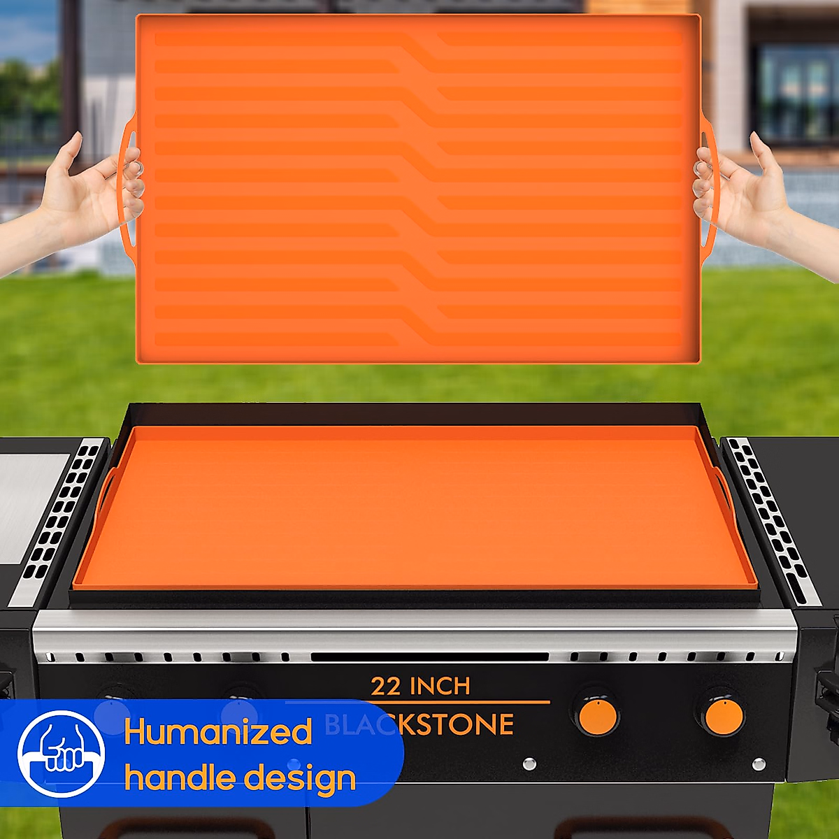 22 Inch Silicone Griddle Cover for Blackstone, Protective Cover with Handle for Outdoor Grilling，Waterproof and Heat Resistant, Easy to Clean and Store-Orange