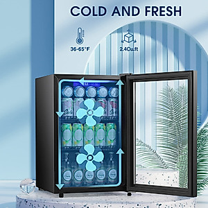 R.W.FLAME Beverage Refrigerator Cooler, 80 Cans Mini fridge with Double Glass Door and LED Lights, Small Refrigerator for Office, Home or Bedroom, Wine Cooler Digital Temperature Control, 2.4Cu.Ft