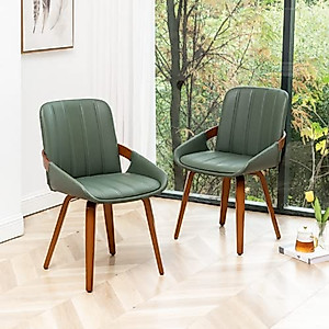 YOUUGIOR Mid Century Modern Faux Leather Upholstered Dining Chairs Set of 2,Armless Accent Chairs with Sturdy Natural Wood Legs,Bamboo Backrest Support for Kitchen&Dining Room Chairs(Green PU)