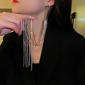 Wiwpar Sparkly Women Long Tassel Rhinestone Chain Earrings Bling Bling Super Long Rhinestone Tassel Dangle Earrings Fashion Party Accessories for Women Girls