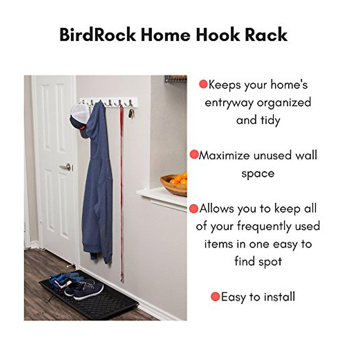 BIRDROCK HOME Dual Hook Coat and Hat Rack - 6 Dual Hooks - 27 Inches - Wall Mount - Decorative Home Storage - Entryway Foyer Hallway Bathroom Bedroom Rail - White Pine Finish - Satin Nickel Hooks